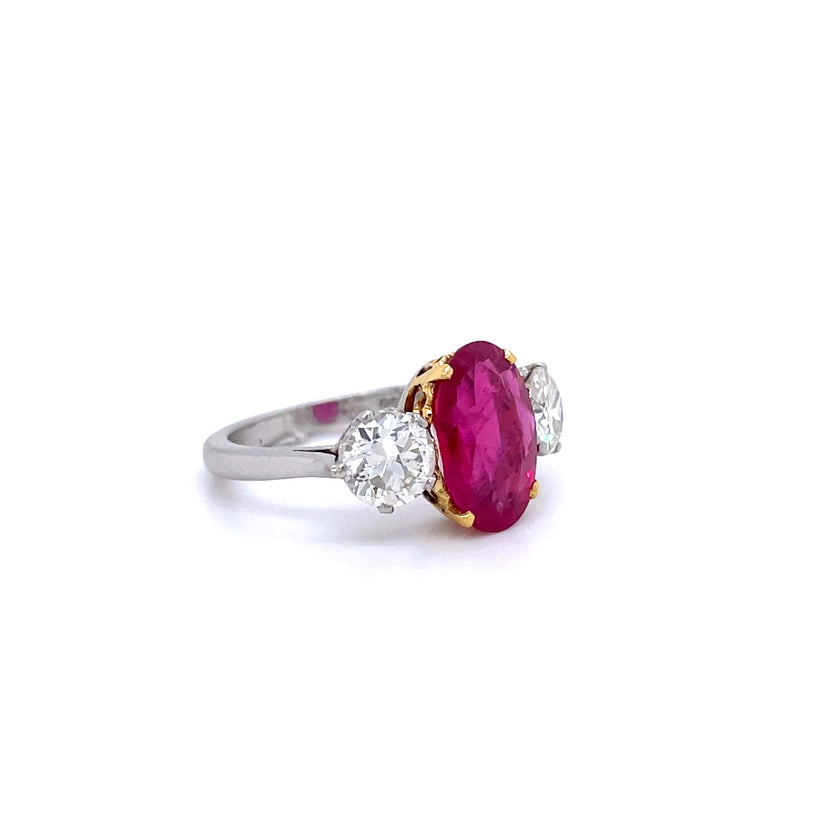 Oval Cut Ruby and Round Diamond Three Stone Ring – Michael Rose