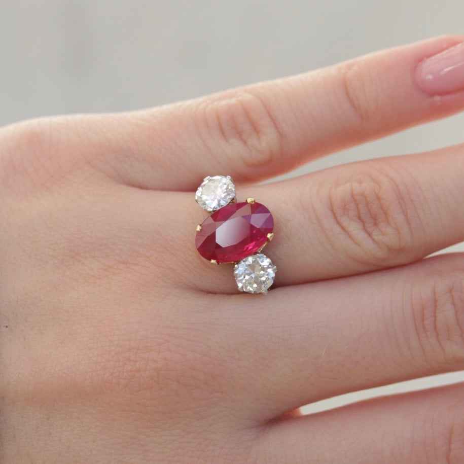 Oval Cut Ruby and Round Diamond Three Stone Ring – Michael Rose